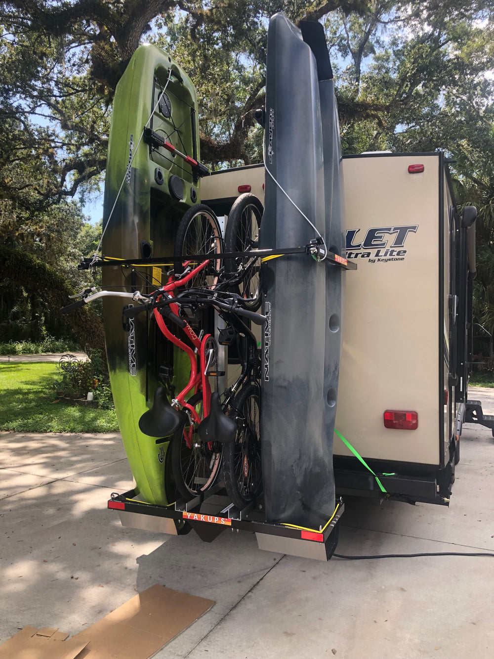 Vertical YAKUPS brand RV Kayak carrier for bikes,kayaks, paddleboards